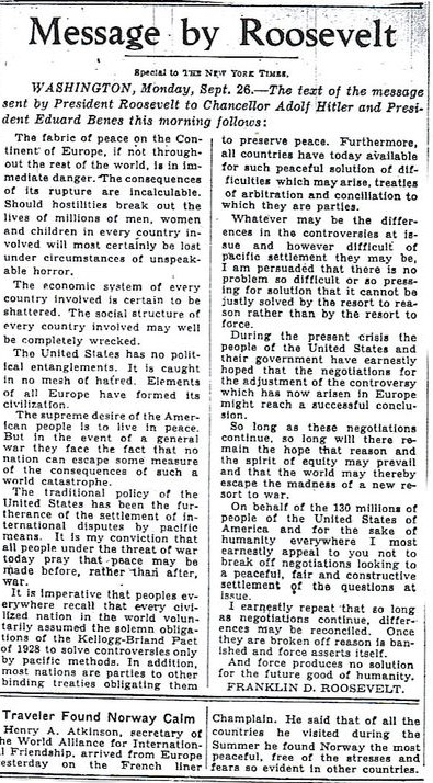 The Roosevelt and Hitler communication. – History of Sorts